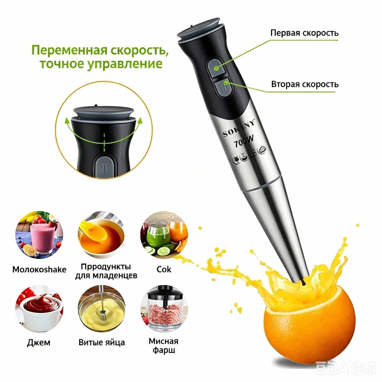Погружной блендер SOKANY 748-4 Black - 700Вт, 2 скорости, турбо режим, специальная заточка лезвий
