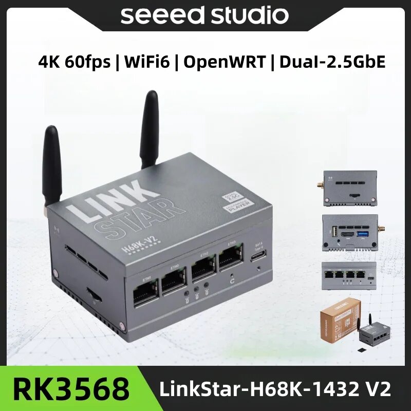 LinkStar-H68K-1432 V2 Wi-Fi 6 для Home Assistant с 4ГБ ОЗУ и 32ГБ eMMC, двойным 2,5G и двойным 1G Ethernet, 4K выводом