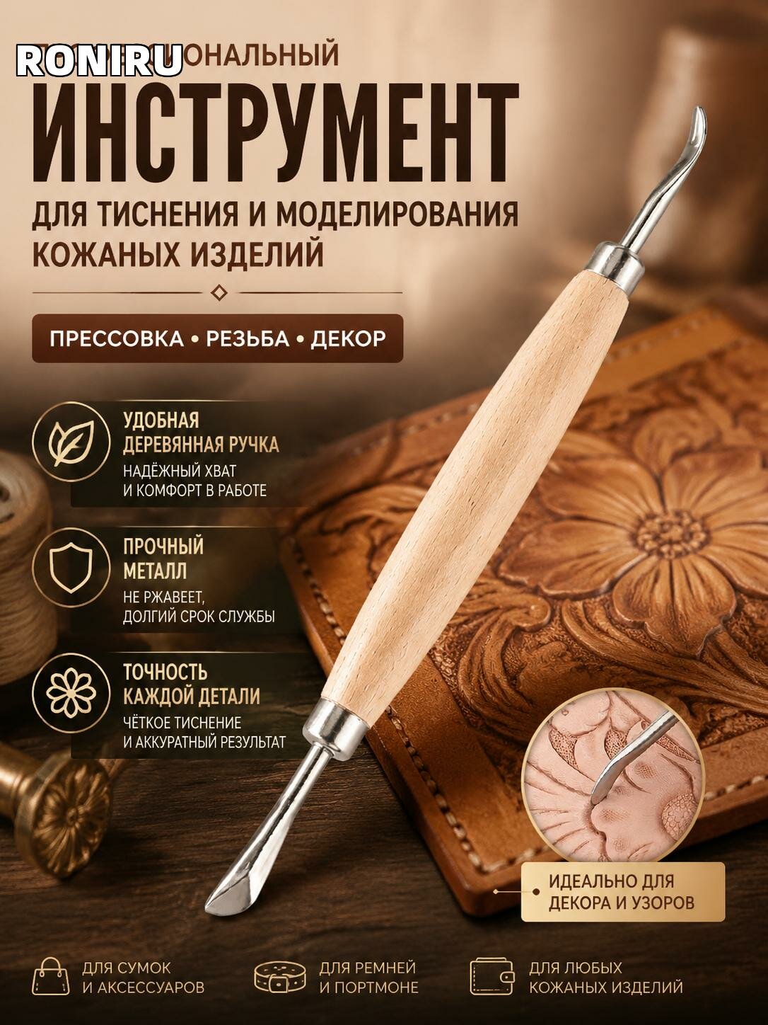 Инструмент для скульптуры из кожи и резьбы по коже — прессовка и моделирование кожаных изделий для тиснения и декор