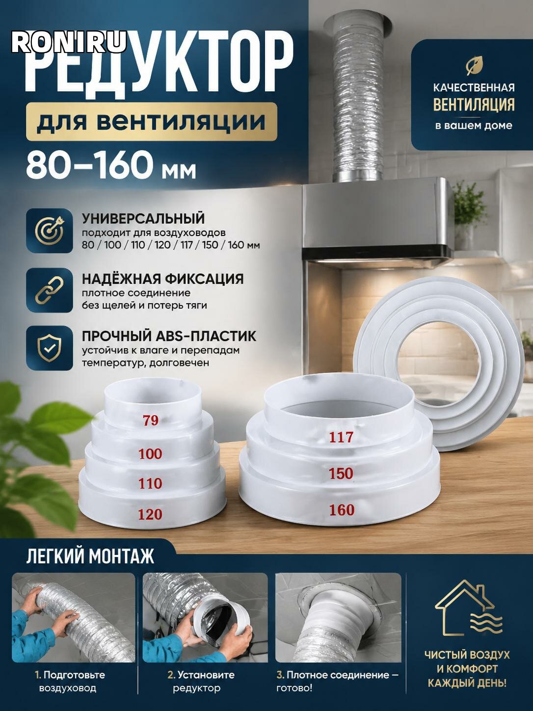 Редуктор для вентиляции 80-160 мм — универсальный адаптер для круглых воздуховодов, белый ABS для кухни и ванной