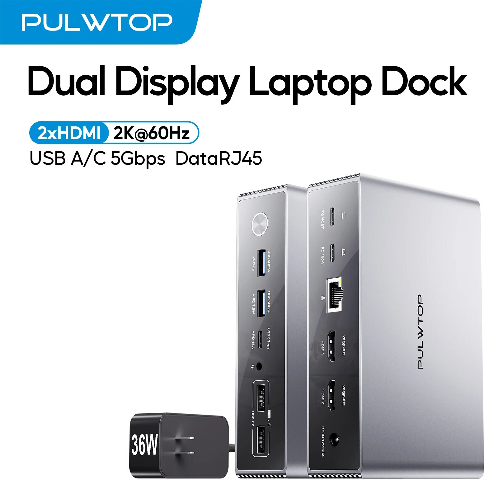 PULWTOP USB-C Док-станция с двумя дисплеями EU plug