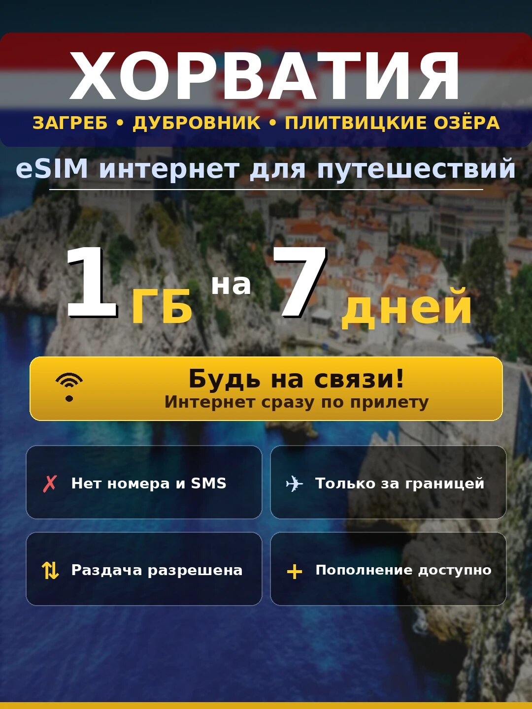 ESIM Хорватия — мобильный интернет 1 ГБ на 7 дней | виртуальная SIM-карта для путешествий