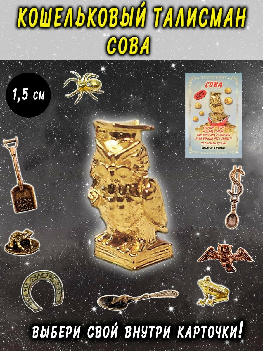 Оберег (талисман), кошельковый амулет латунный, фигурка в кошелёк, денежный сувенир (подарок) "Сова, совушка знаний"