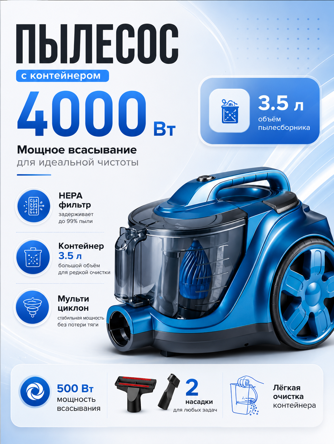 Пылесос для дома с контейнером 4000 Вт, синий