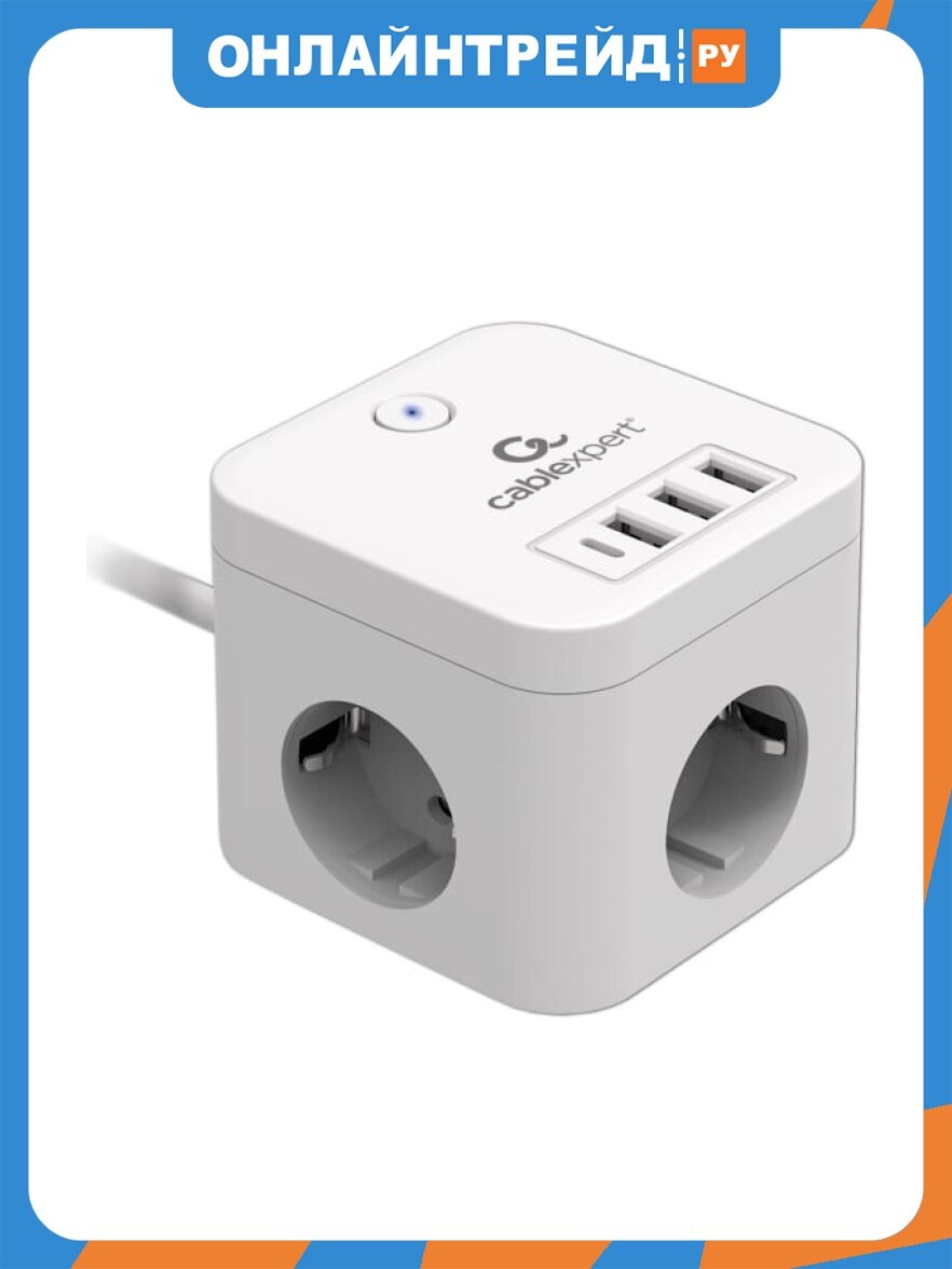 Сетевой фильтр Cablexpert Cube, 3 розетки, 1xType-C, 3xUSB, 1.5м, белый, коробка