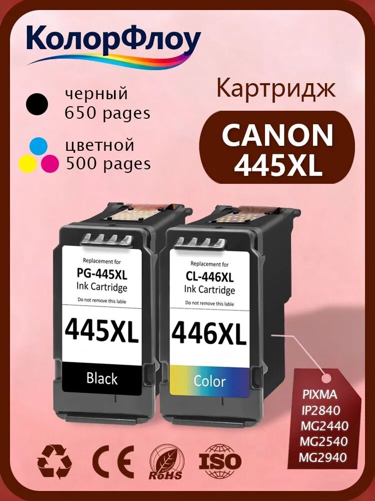 Комплект картриджей PG445 / CL446 для Canon PG-445 XL / CL-446 XL для Canon Pixma MG2440 MG2540 MG2540S MG2545 MG2545S MG2940 MG3040 TS3140 TS3340 (1/Черный ,1/Цветно), совместимый, Набор CMYK, 2 шт