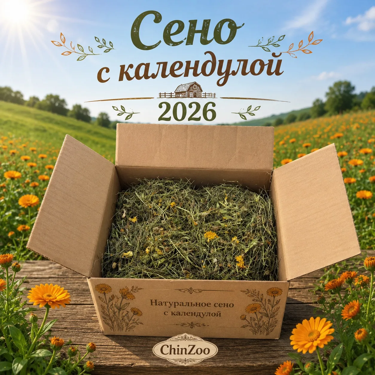 Лакомство для кроликов, шиншилл, хомяков, морских свинок, дегу, крыс, песчанок ChinZoo сено с календулой 700 гр.