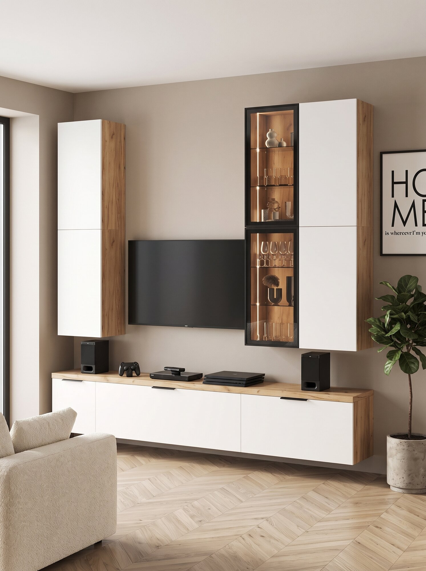 Гостиная МК Стиль YourHouse 2400х2000х382, Дуб крафт золотой/Белый глянец, комплект из 9-ти предметов
