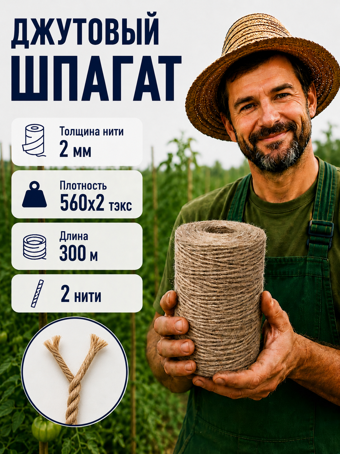 Шпагат джутовый 300м x 2мм бечевка веревка, джут для рукоделия, пряжа, для подвязки растений