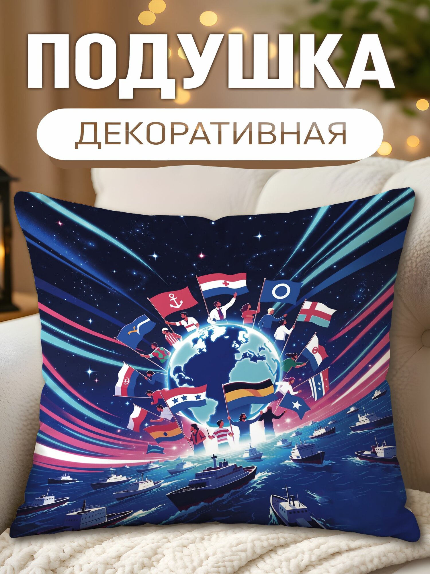 Подушка декоративная день моряка, чехол Габардин, размеры 40 х 40 см, 1 шт.