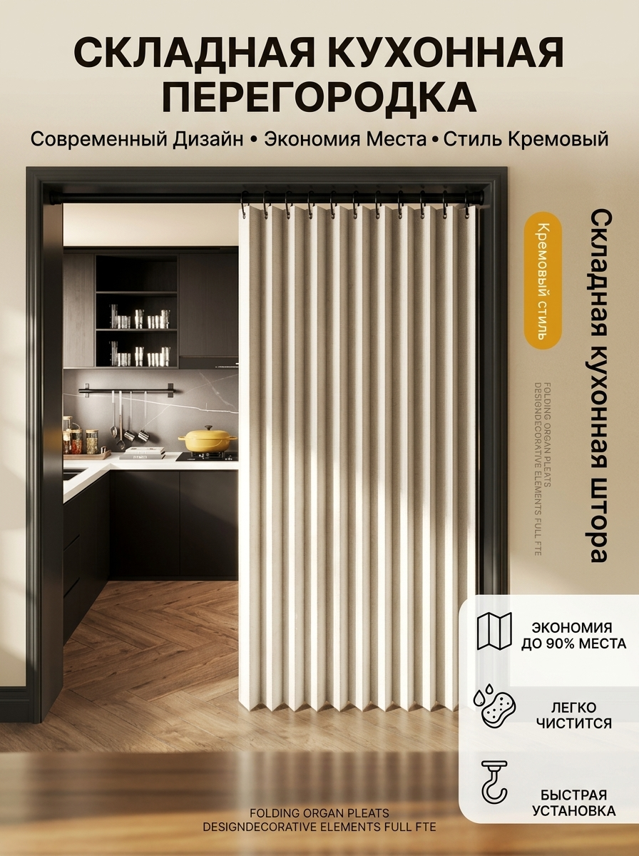 Штора Перегородочный занавес 150х200 см крепление Люверсы кремовый, светло-бежевый