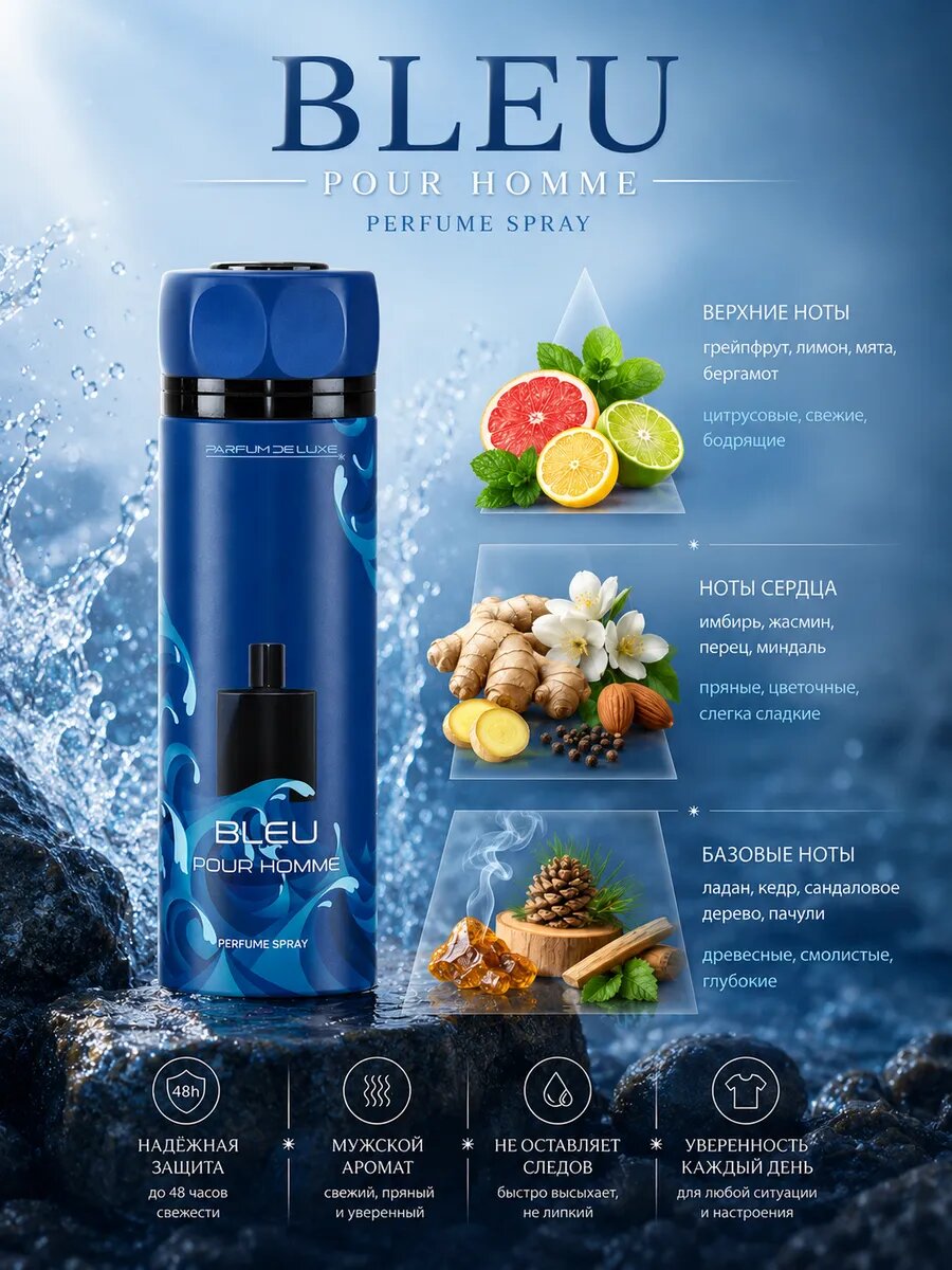 Дезодорант спрей мужской PARFUM DE LUXE Парфюмированный Bleu pour homme 200мл