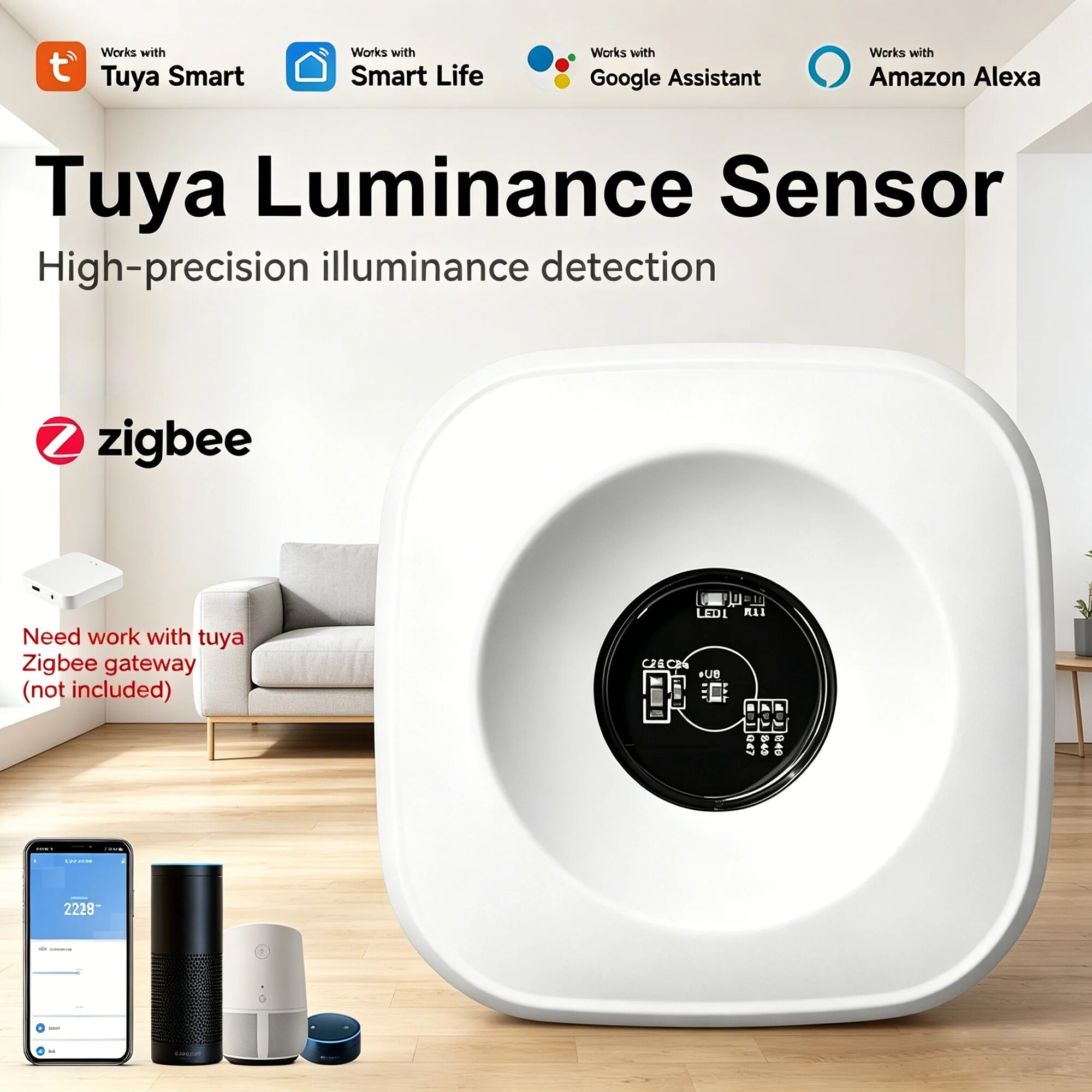 Датчик освещенности Tuya ZigBee, измеритель яркости — фото 1