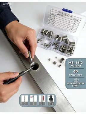 Комплект резьбовых вставок M3-M12, 60 шт, нержавеющая сталь