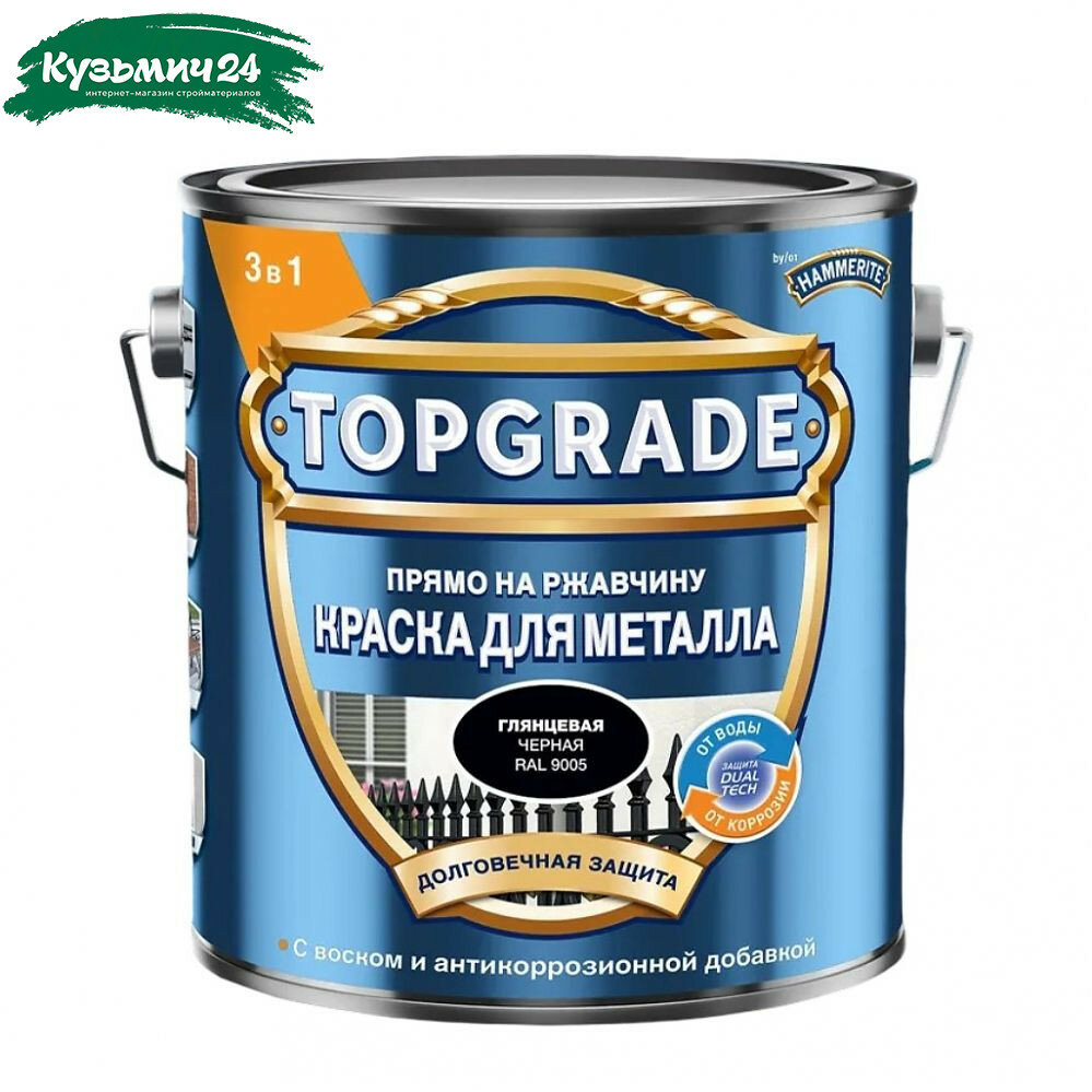 Краска TOPGRADE для металла, прямо на ржавчину 3 в 1, глянцевая гладкая черная RAL 9005, 2 л