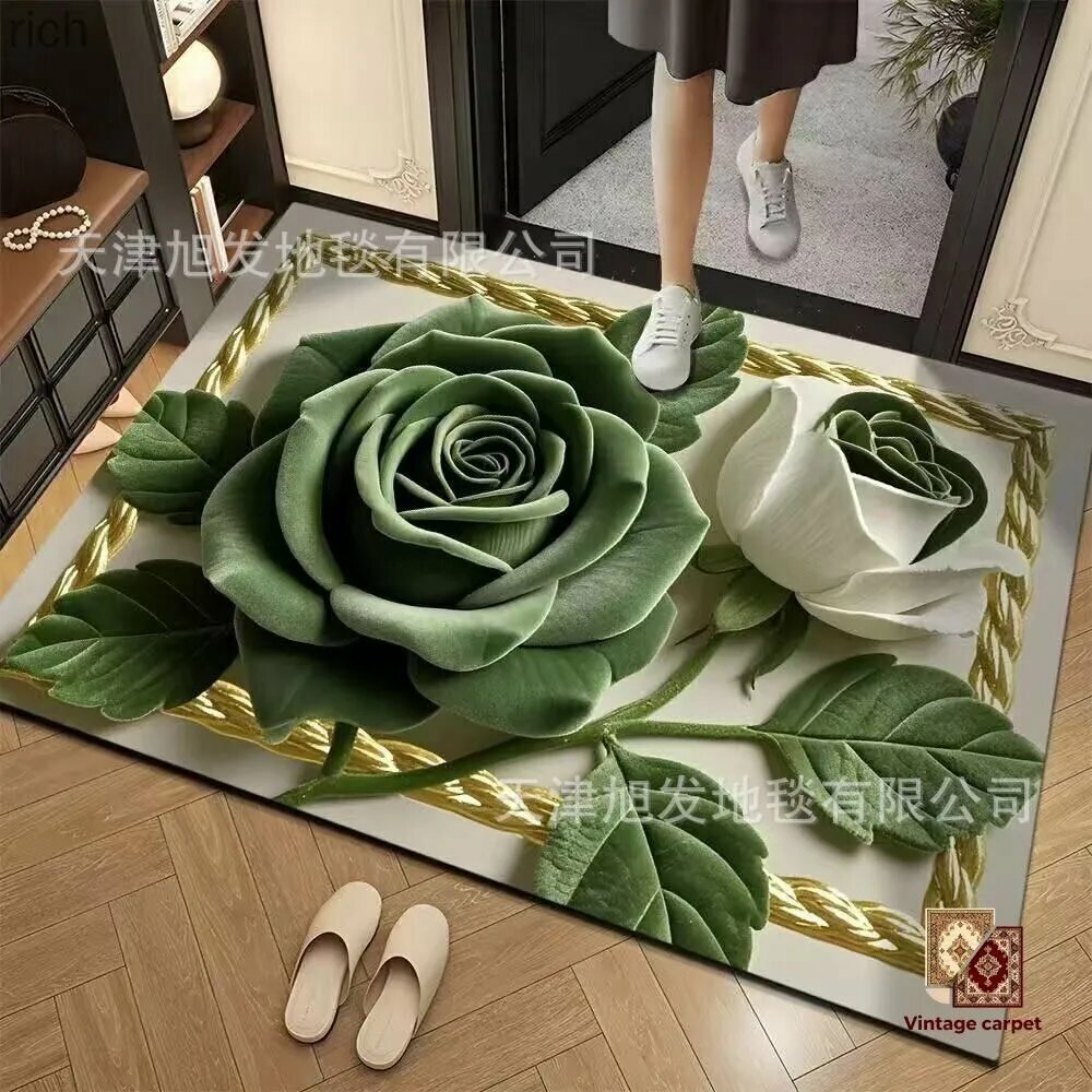 Ковер 40x60 см，Зелёный ковёр с прямоугольными цветочными узорами