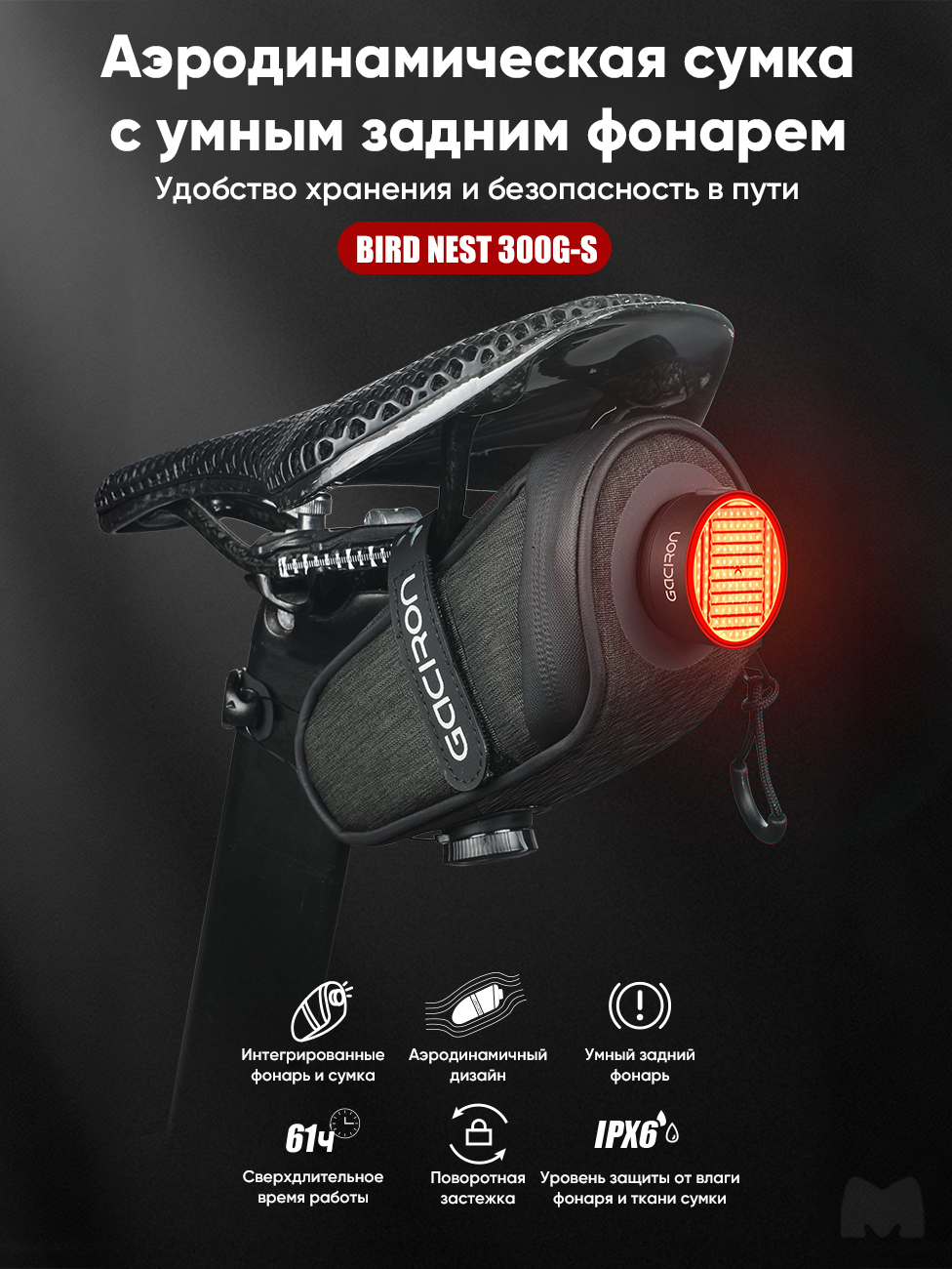 Велосипедная сумка Gaciron Birdnest 300 GS, крепление под седло, водонепроницаемая, чёрная