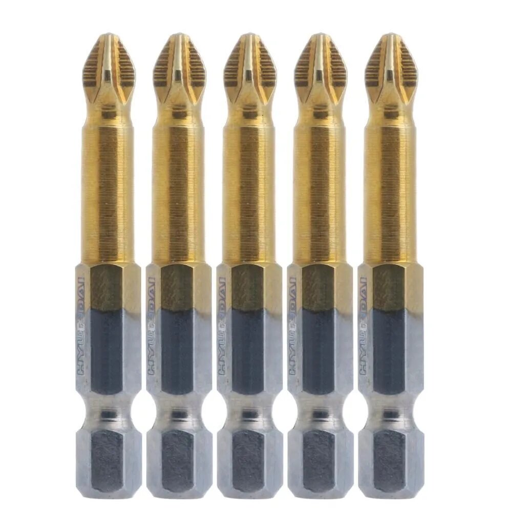 5 шт. титановых бит для отвертки, шестигранная хвостовика 1/4", PH2, 50 мм, Золото