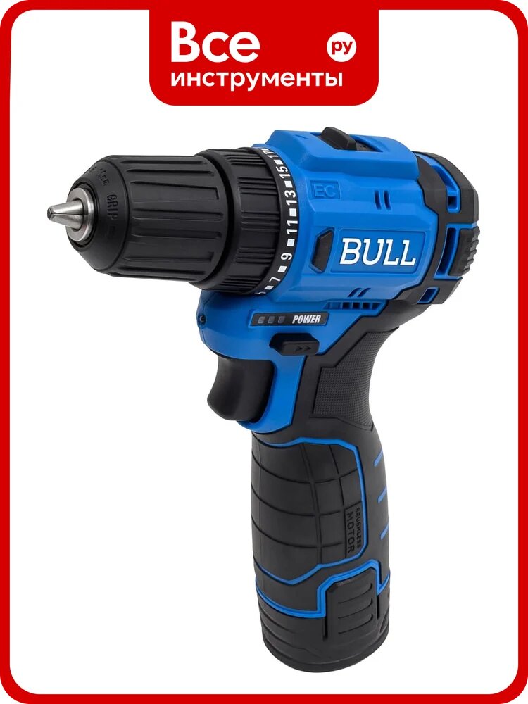 Аккумуляторная дрель-шуруповерт BULL SR 1203 Xcase бесщет, 12 В, 37 Н*м, 2*2 А*ч акб,