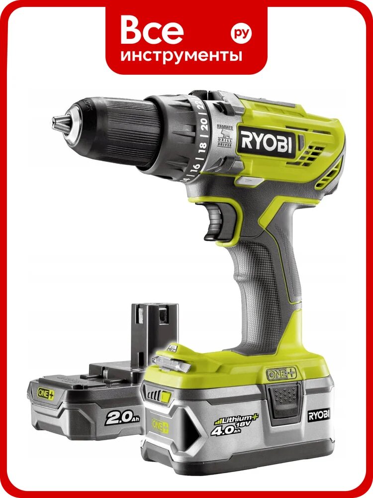 Ударная дрель-шуруповёрт Ryobi ONE+ R18PD3-242S, 18В, 2 аккумулятора, 50Нм, 1.7кг