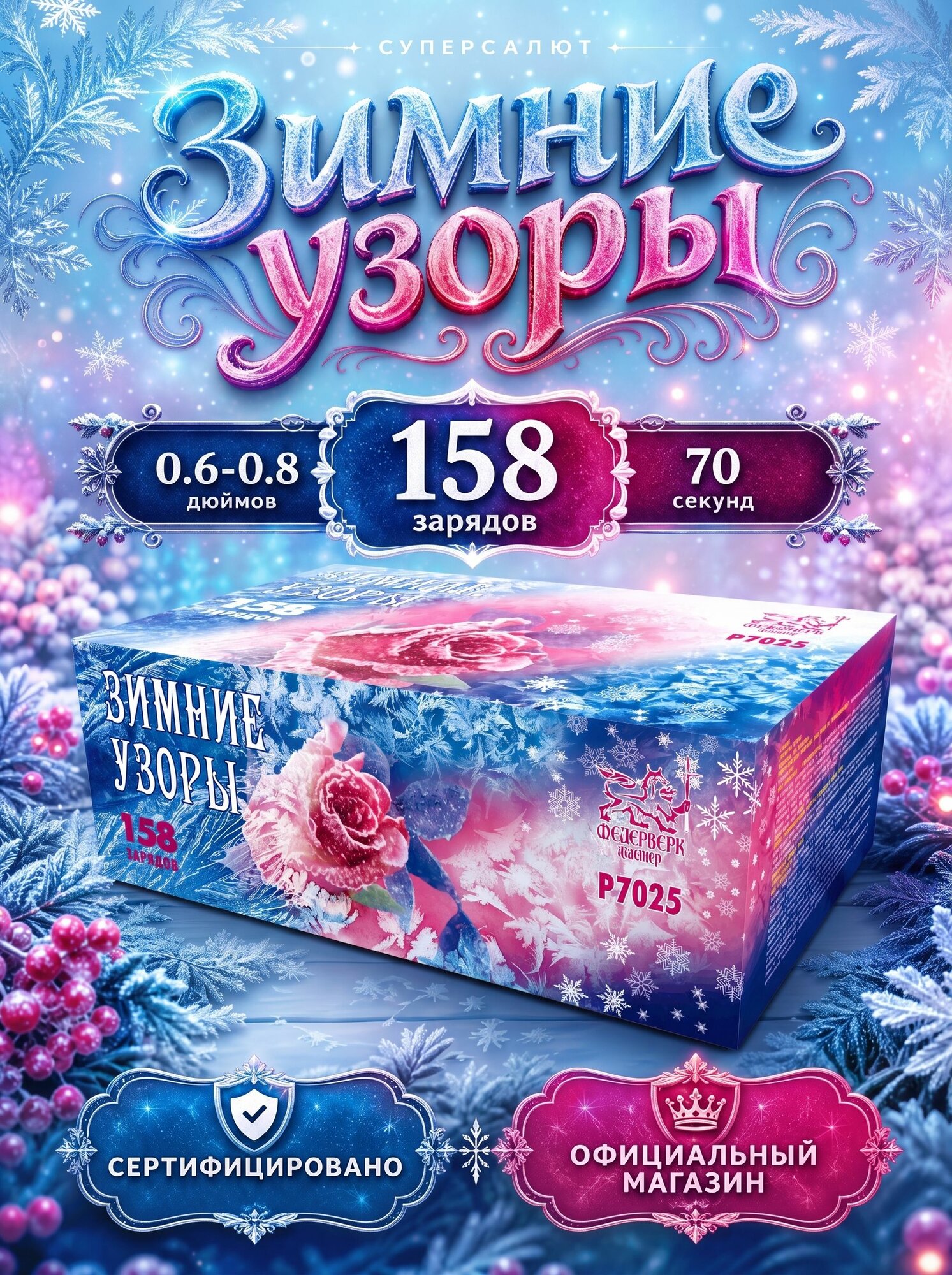 Салют фейерверк Зимние узоры, 158 залпов, 0.6*150; 0.8*8 дюймов, P7025, Фейерверк-Мастер