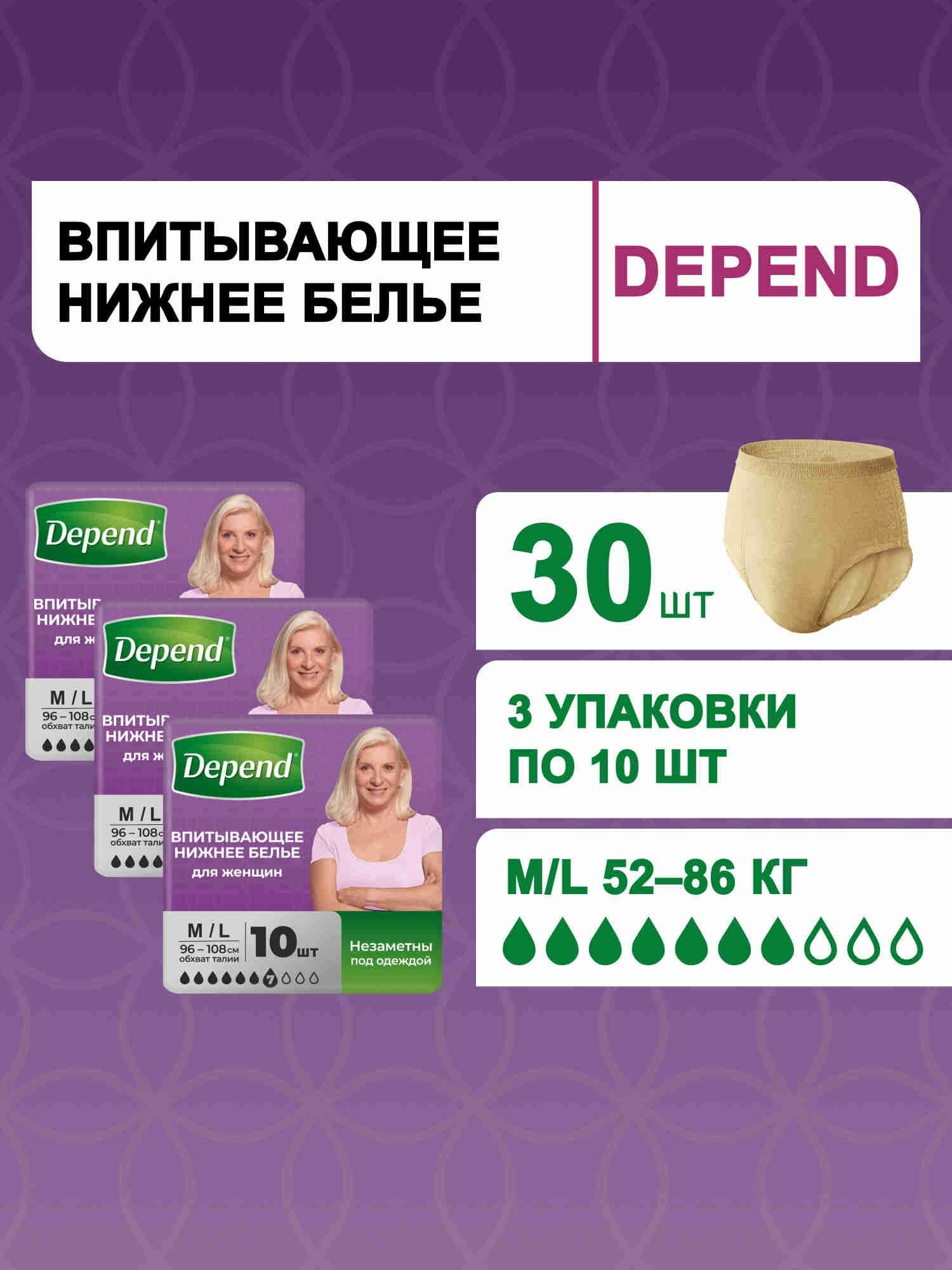 Трусы подгузники для взрослых Depend M / L (44-50) женские, 30 шт