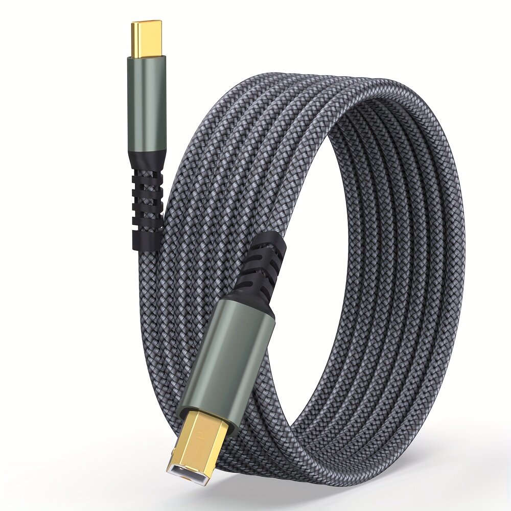 USB B - USB C кабель для принтера, 5 м, серый, нейлоновая оплетка, позолоченный разъем