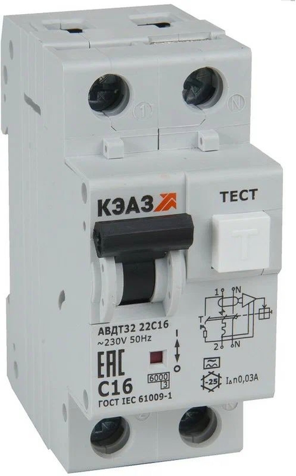 Дифференциальный автомат КЭАЗ АВДТ32, 2P, 16А, (С), 6кА, 30мА, (A)