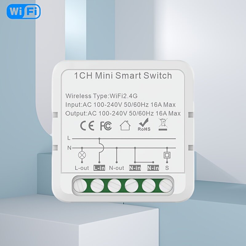 Умный Wi-Fi выключатель с управлением через приложение, 1-групповой мини-автомат 16А, беспроводной, 110V/220V, совместим с Alexa, белый