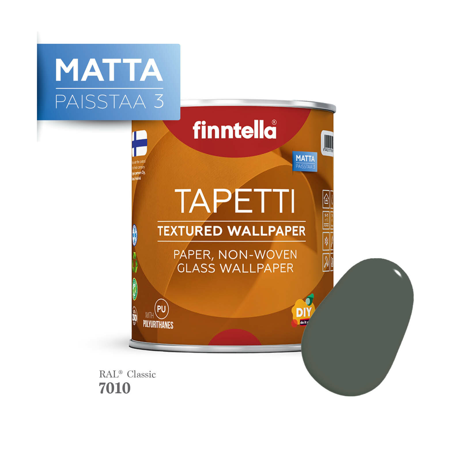 Матовая краска для обоев под окраску TAPETTI Matta FINNTELLA, Цвет RAL 7010 Брезентово-серый (Tarpaulin grey), 0,9л
