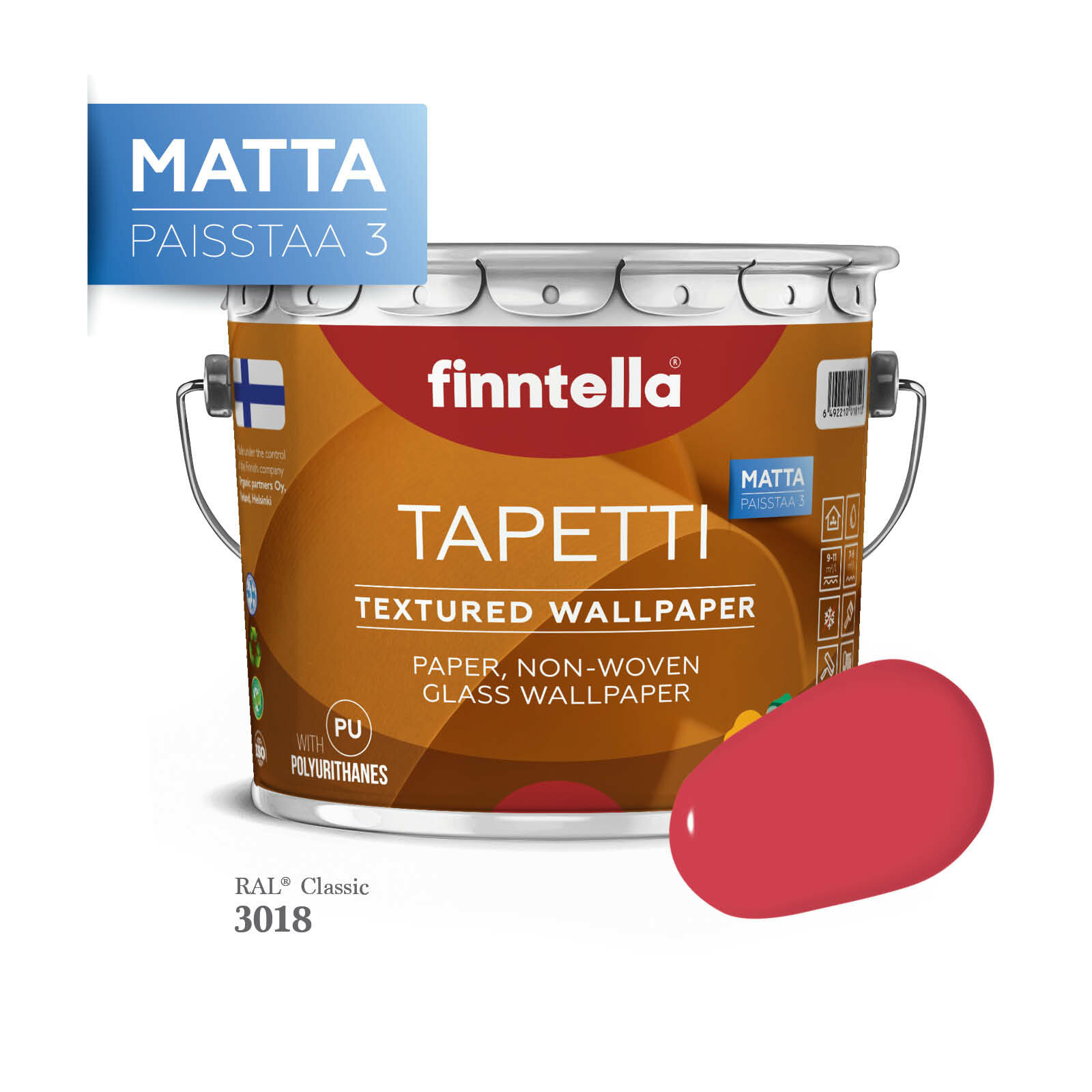 Матовая краска для обоев под окраску TAPETTI Matta FINNTELLA, Цвет RAL 3018 Клубнично-красный (Strawberry red), 2,7л