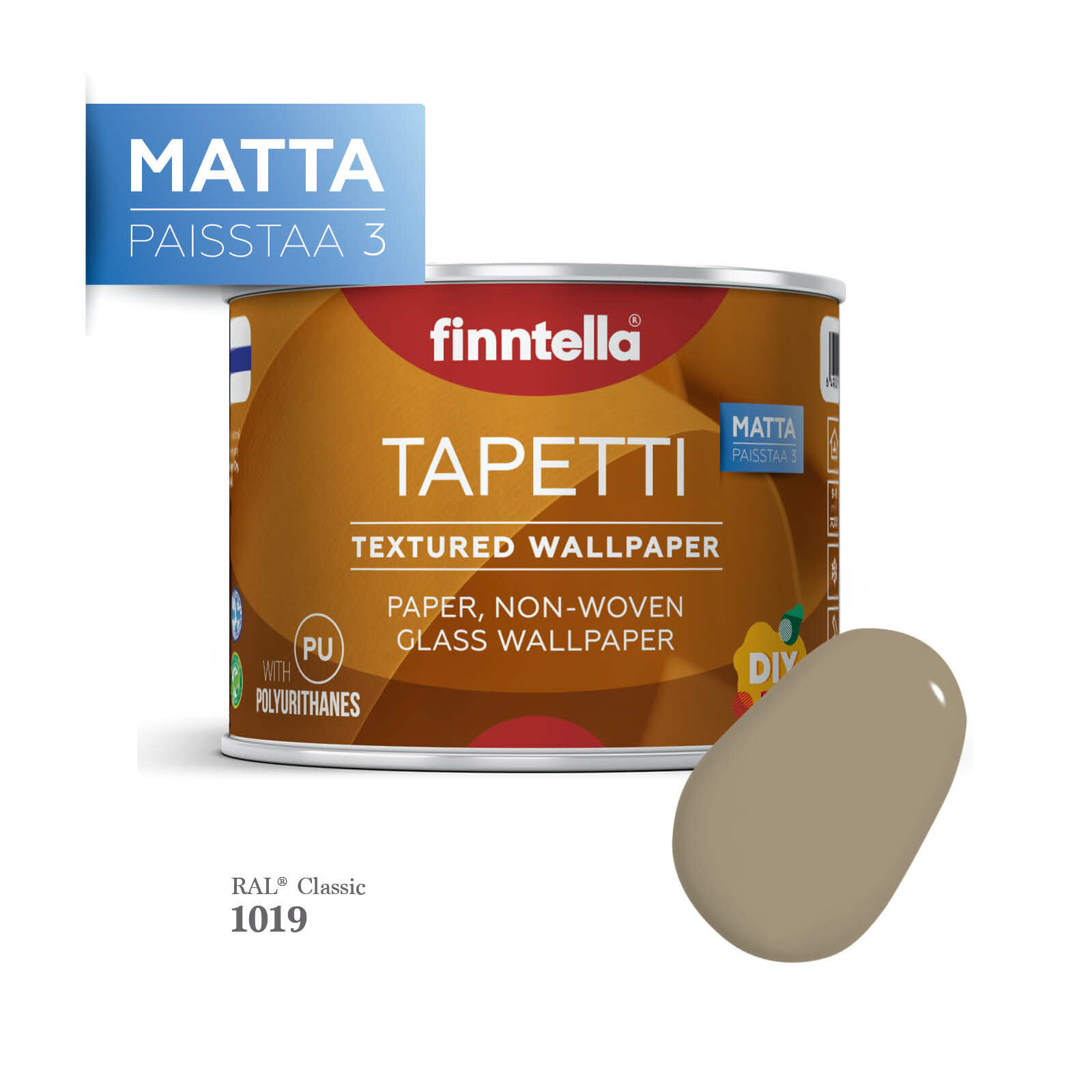 Матовая краска для обоев под окраску TAPETTI Matta FINNTELLA, Цвет RAL 1019 Серо-бежевый (Grey beige), 0,45л