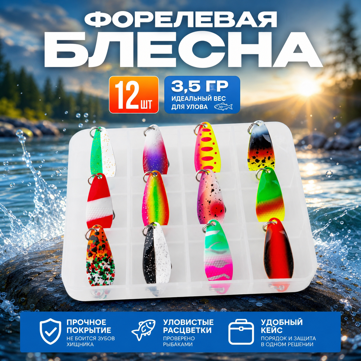 Форелевая колебальная блесна для рыбалки, набор в кейсе 3.5гр, 12 шт. (Цвет товара: 12 ярких рыболовных расцветок; Длина: 50 мм)