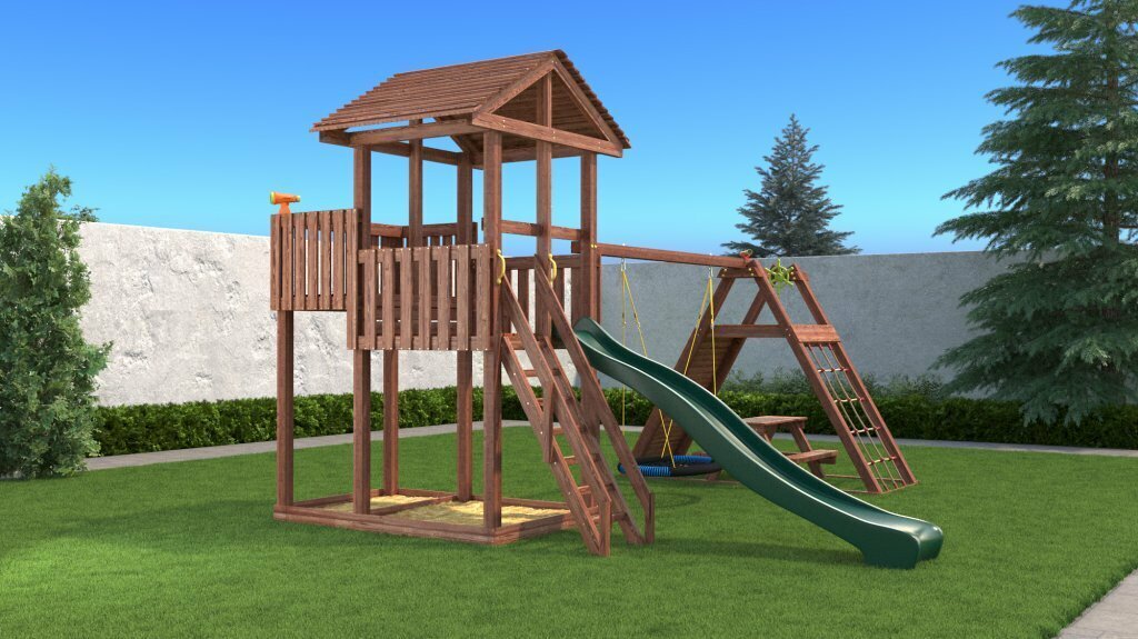 CustWood Family F8 Детская деревянная игровая площадка, игровой спортивный комплекс с домиком, качелями, песочницей и скалодромом для дачи и улицы