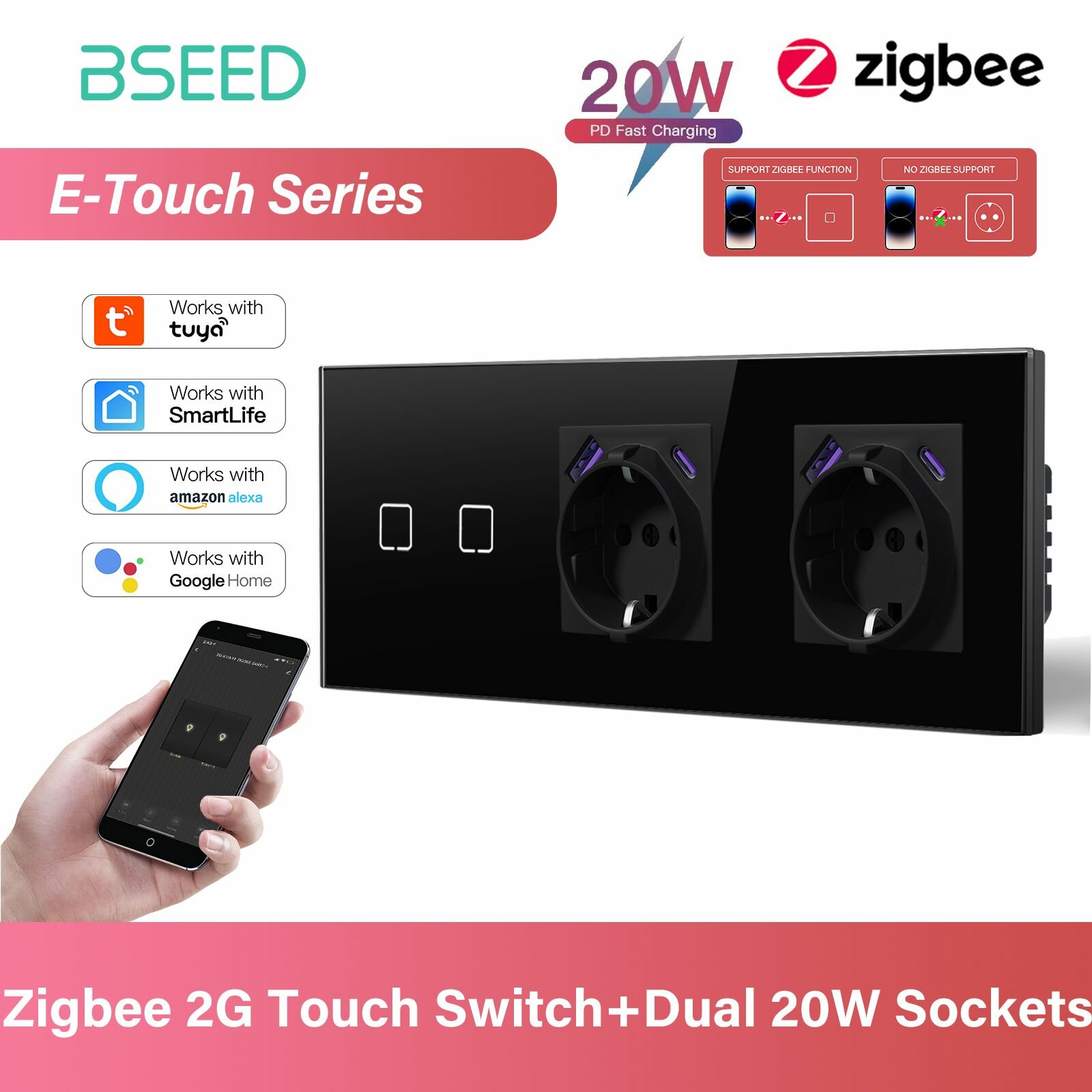 Умный сенсорный выключатель с розеткой с USB и TYPE-C, 2 клавиши 2 розетка, ZIGBEE, Smart Life с Алисой