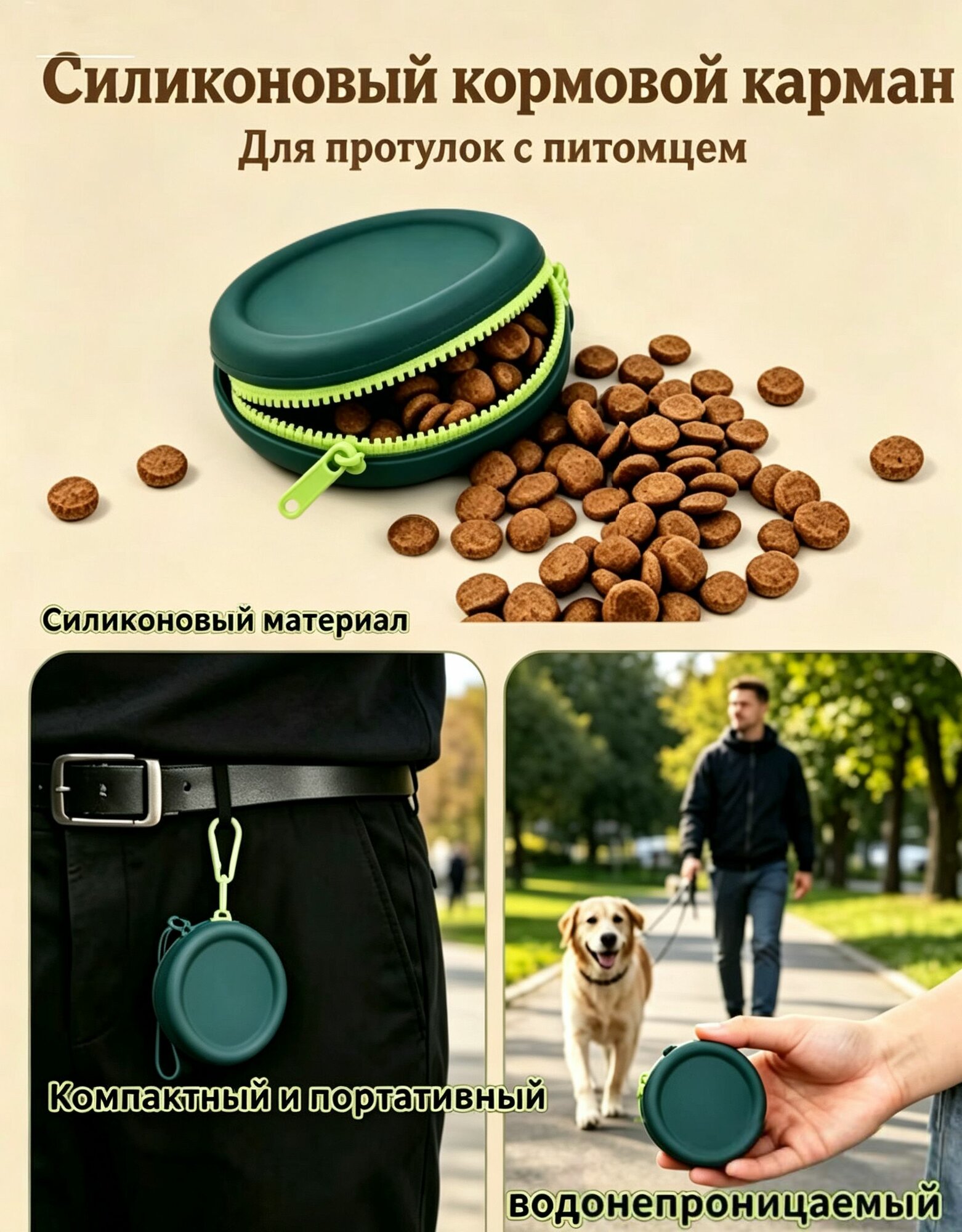Силиконовый мешочек для лакомств для собак, влагостойкий, без запаха. Дорожная сумка для прогулок и дрессировки, серая 1 шт.