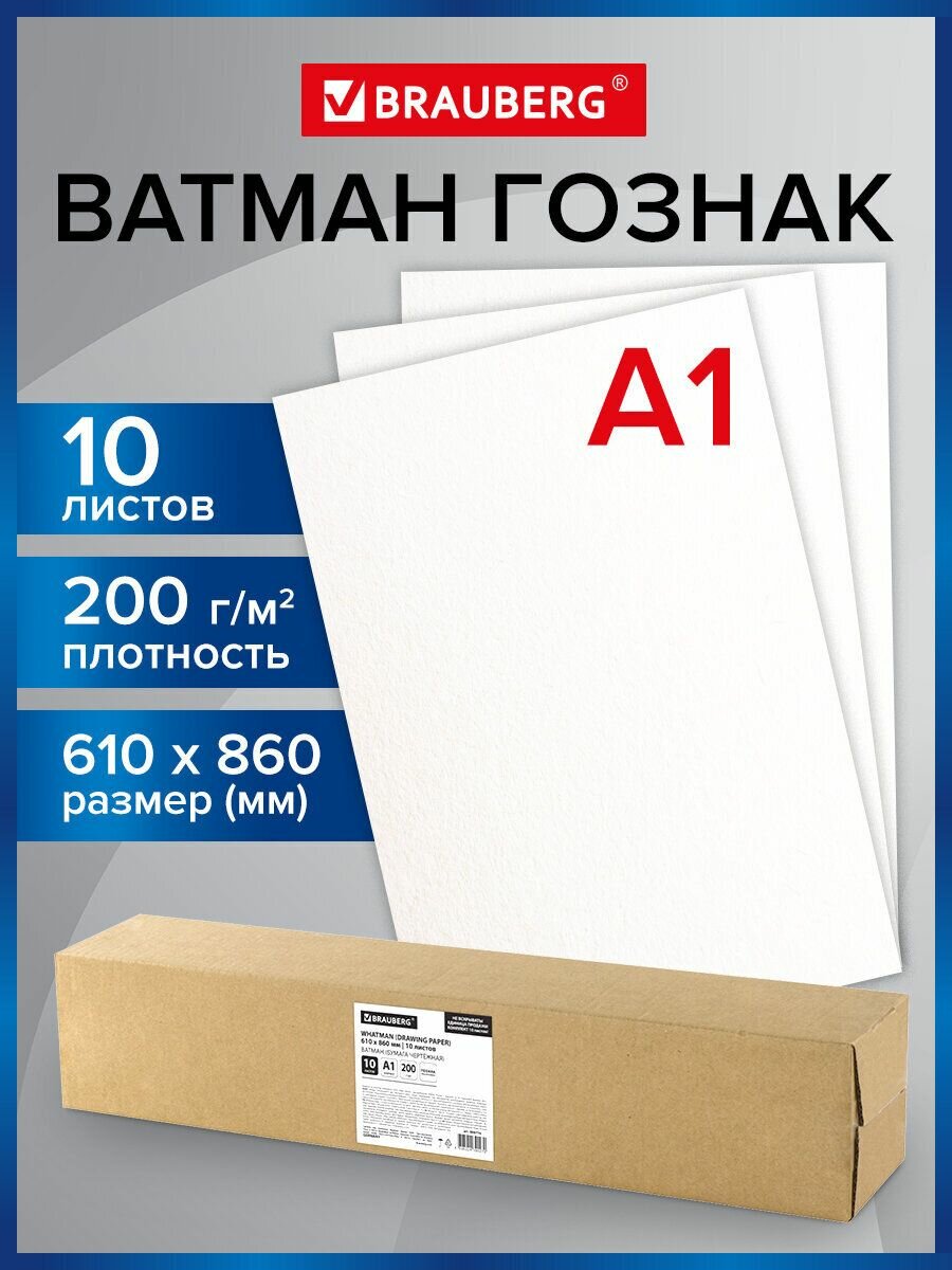 Ватман белый большого формата для рисования и черчения А1 (610х860 мм) Гознак Краснокамск, плотность 200 г/м2, Комплект 10 листов, Brauberg формат А1 чертежная бумага