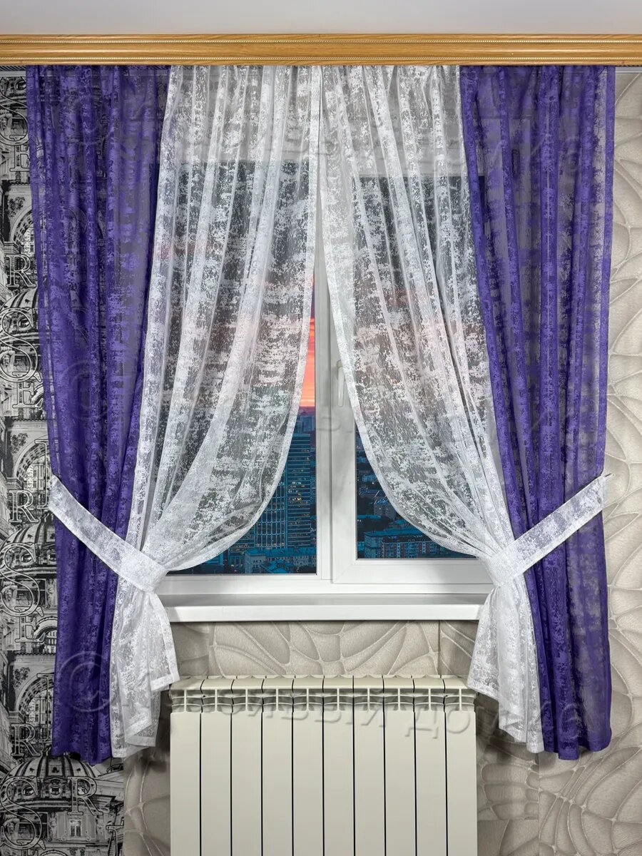 Штора "Красивый дом 46", тюль фиолетовый, белый короткий арка, 370х180 см