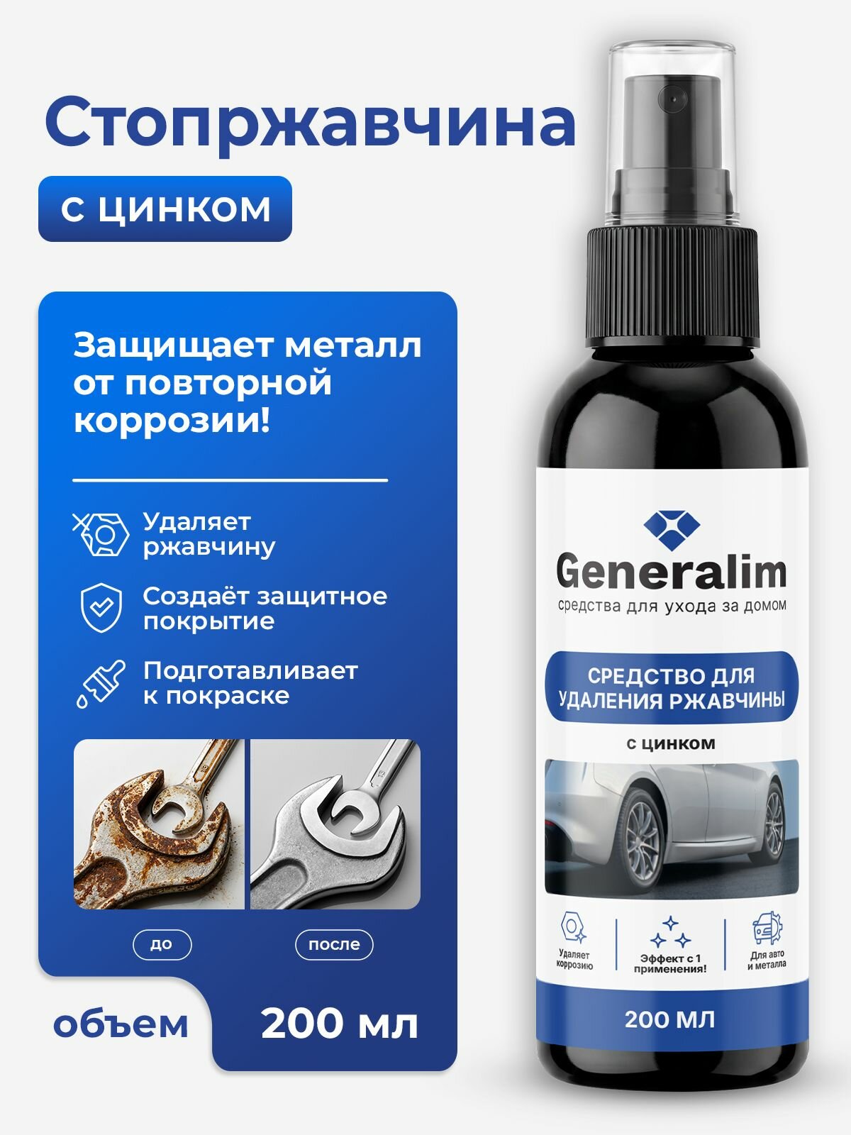 Средство для удаления ржавчины с авто и металла для дома, 200 мл
