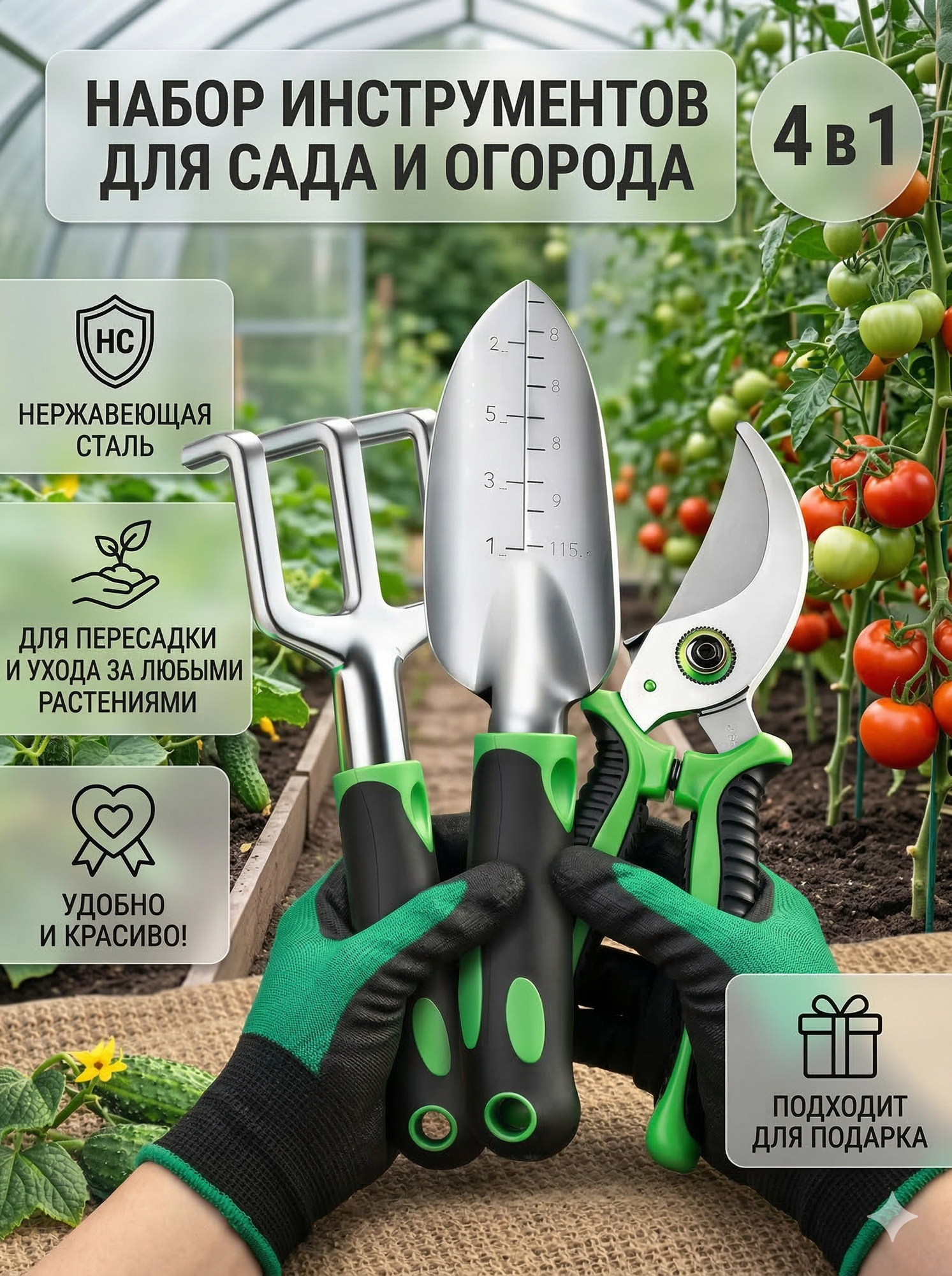 Набор садовых инструментов для огорода и сада - 4 в 1 / Зеленый с силиконовыми ручками