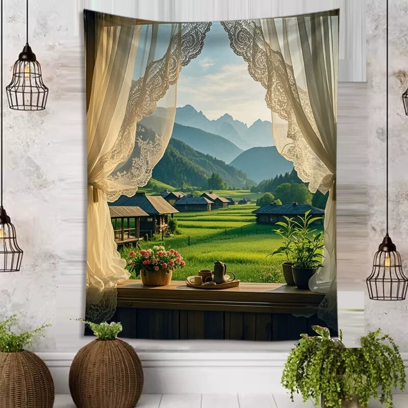 Винтажный пейзаж оконного городка вертикальная настенная картина, 150x110 см, вельвет, в комплекте крепеж для спальни