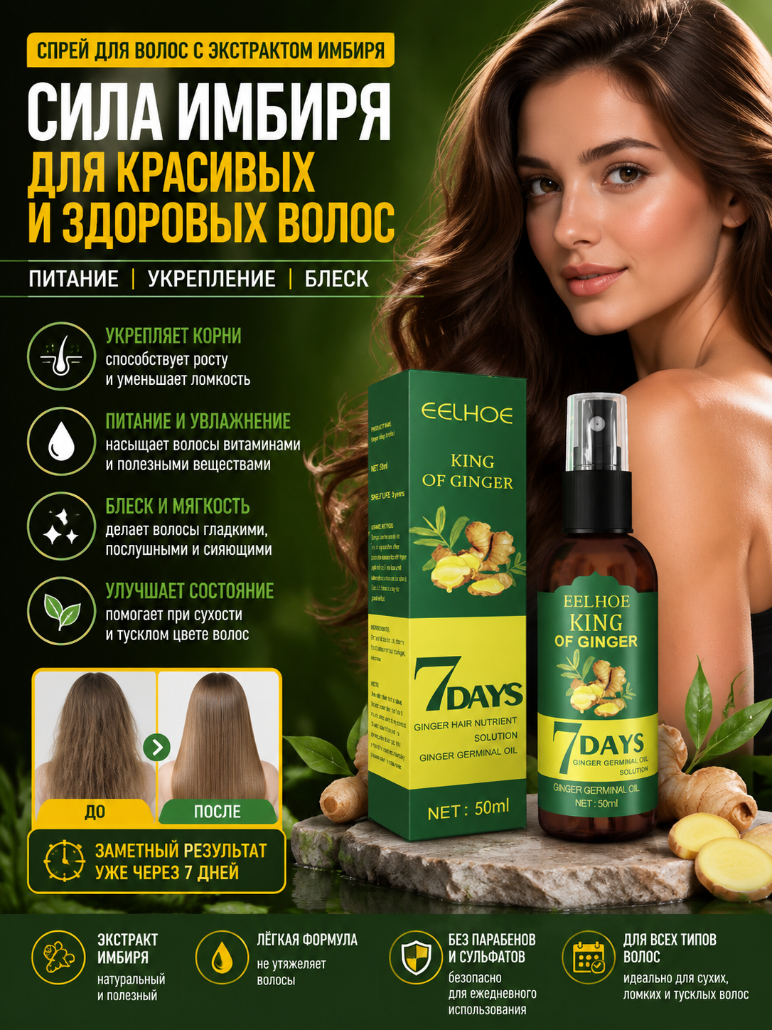 Спрей для ухода за волосами EELHOE Ginger, 50 мл, мягко питает, улучшает состояние сухих волос, смягчает и осветляет их