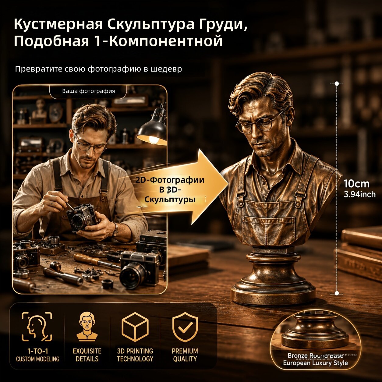 Матовый бронзовый объемный декоративный бюст — профессиональная реставрационная скульптура головы, гладкая поверхность, легко окрашивается