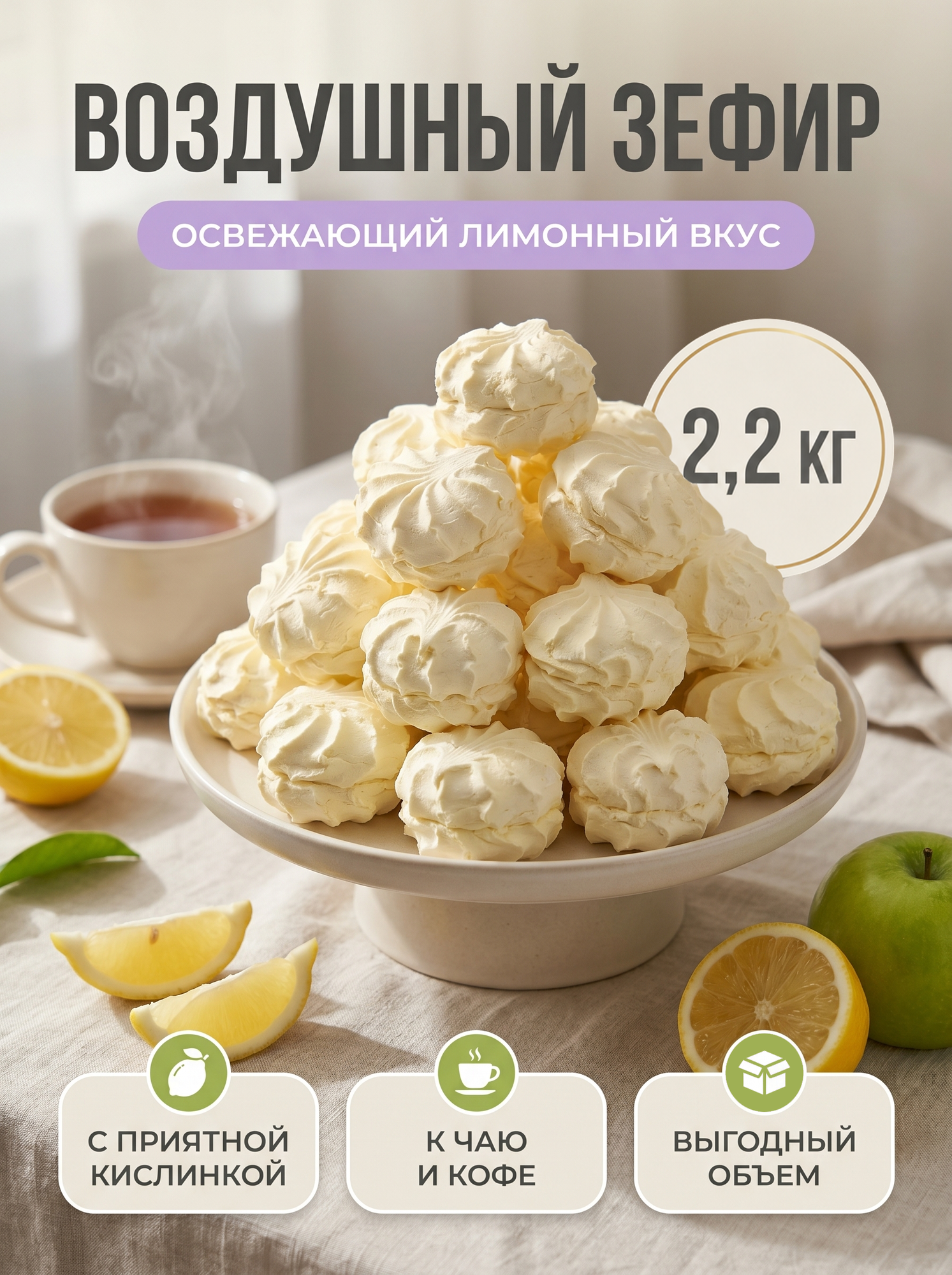Зефир лимонный Боса Нова 2,2 кг, желтый воздушный зефир к чаю