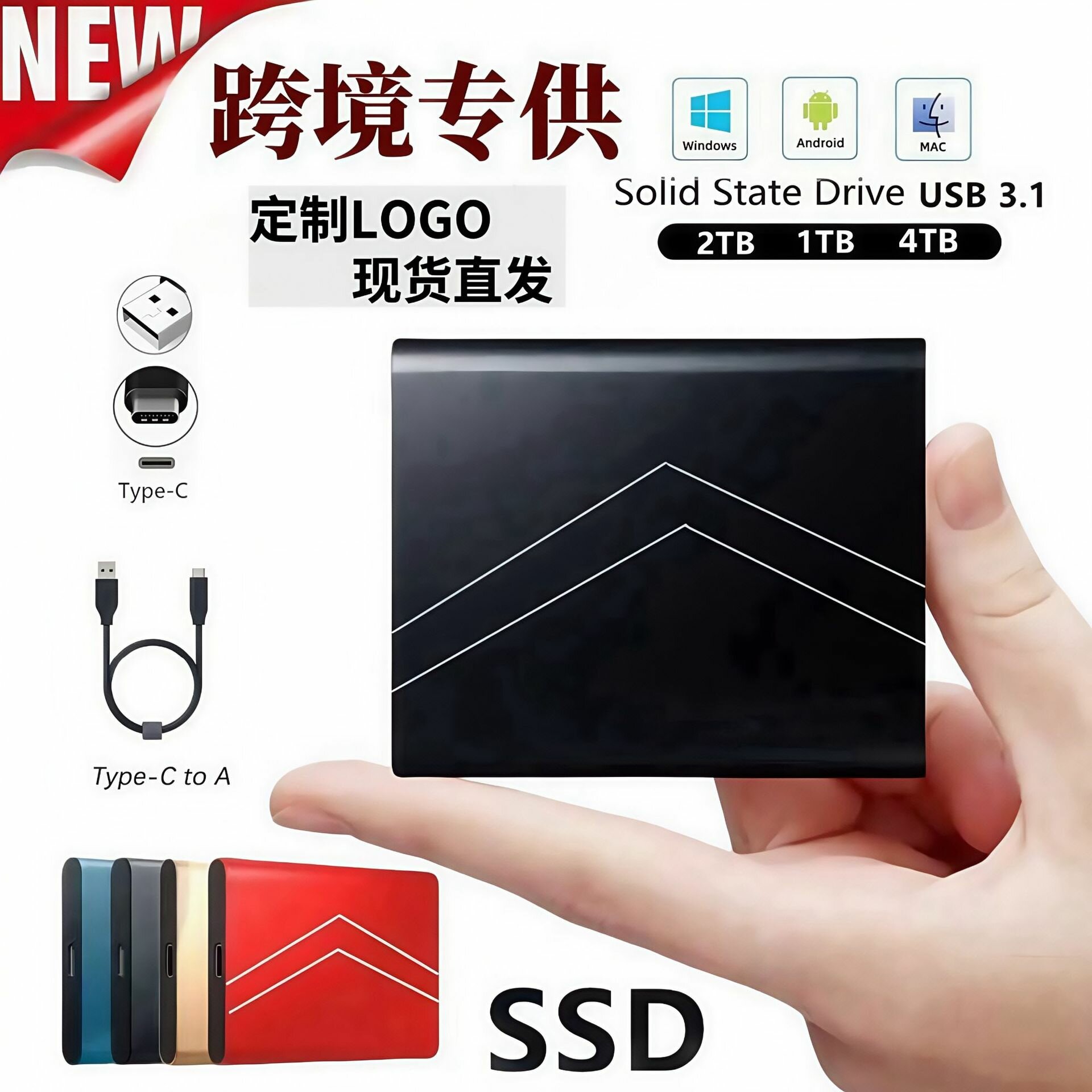 Портативный SSD внешний накопитель 2 ТБ Красный Высокоскоростной USB 3.2 Gen 2 для ноутбука и ПК