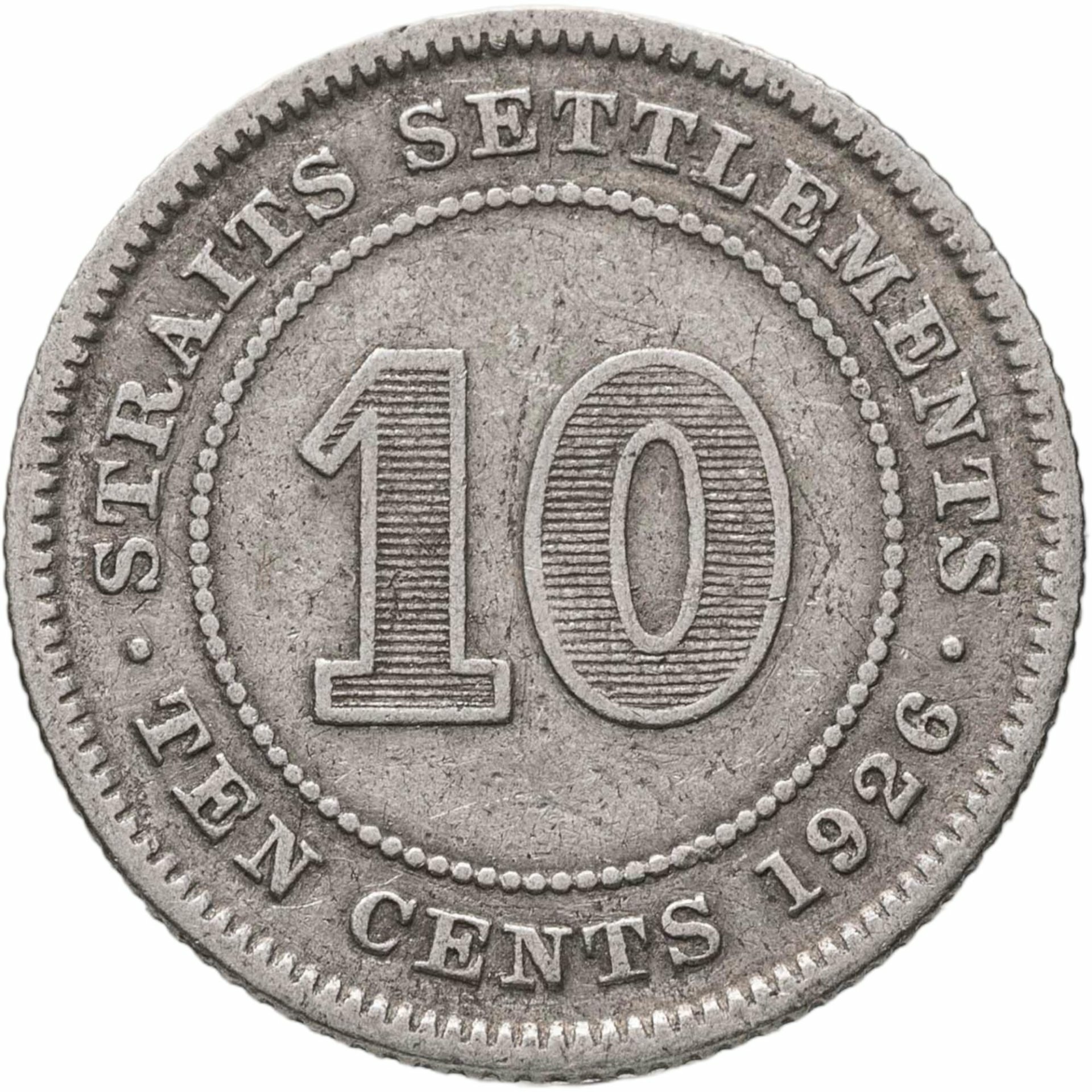 Стрейтс Сетлментс 10 центов cents 1926, Серебро 600, в сохранности F-VF