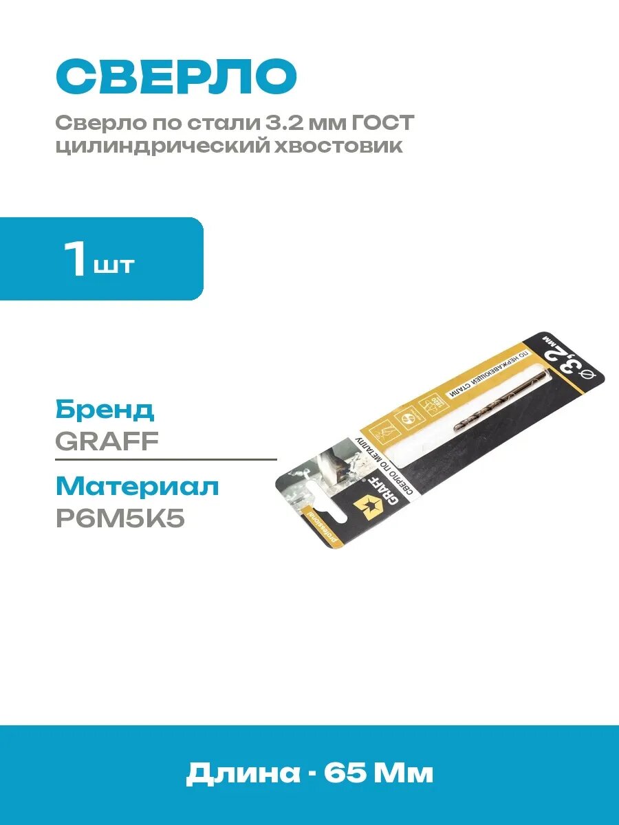Сверло по нержавейке 3.2 мм спиральное для безударной дрели