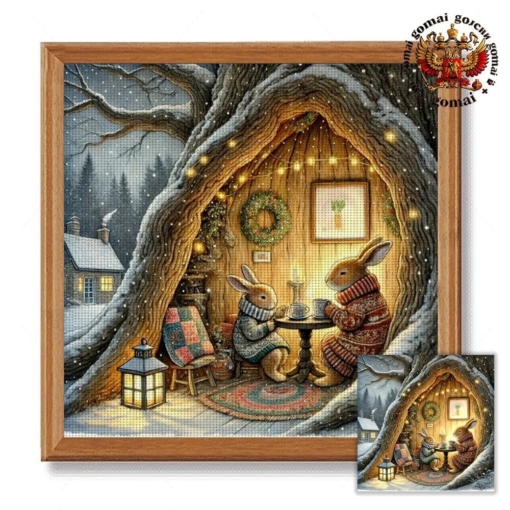 1 бесрамочная 14CT вышивка крестом 30 * 30cm / 11.8 * 11.8 in, кролик в пещере дерева, в пределах 26 цветов, с иголками, нитками, чертежами, холстом.
