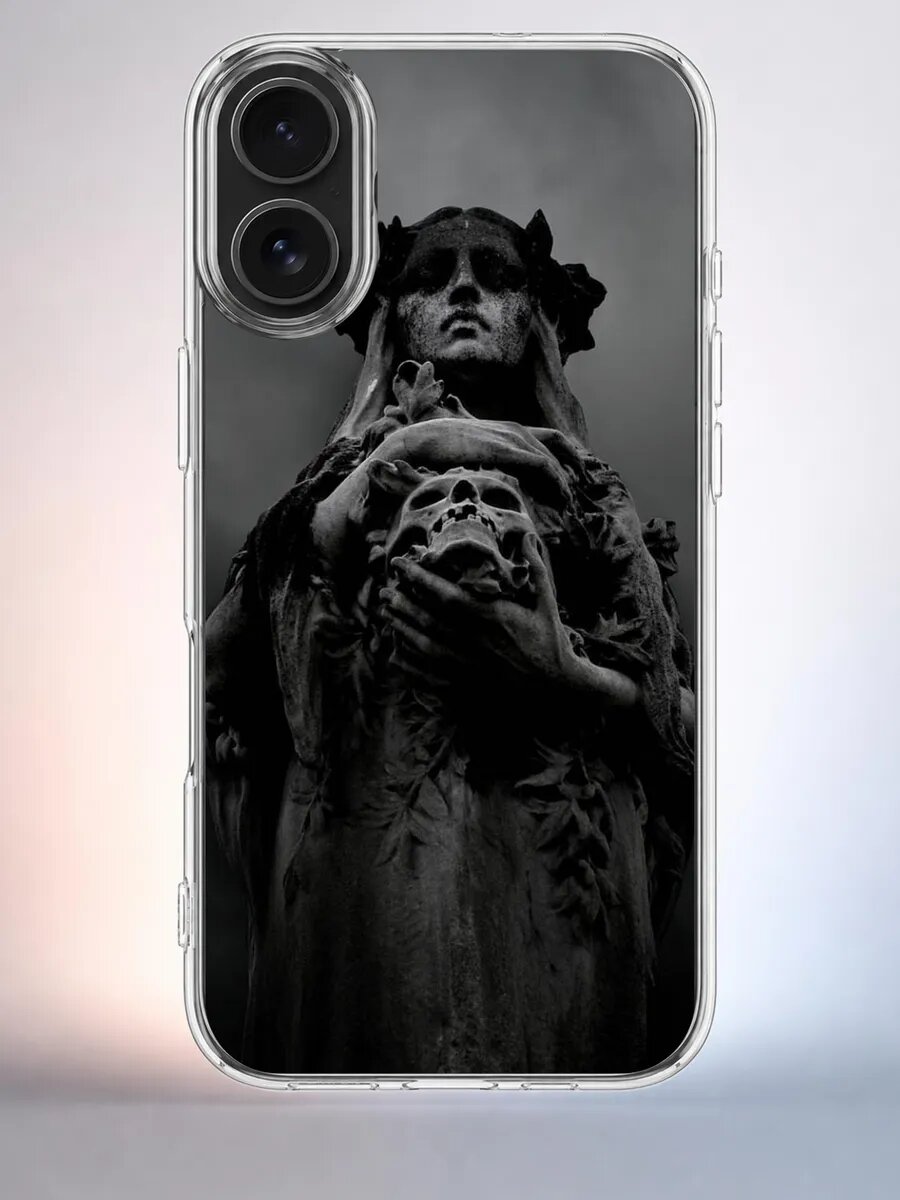 Чехол iPhone 16 череп и статуя силиконовый прозрачный