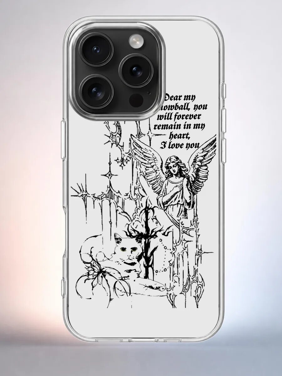 Чехол iPhone 15 Pro ангел и кот силиконовый прозрачный